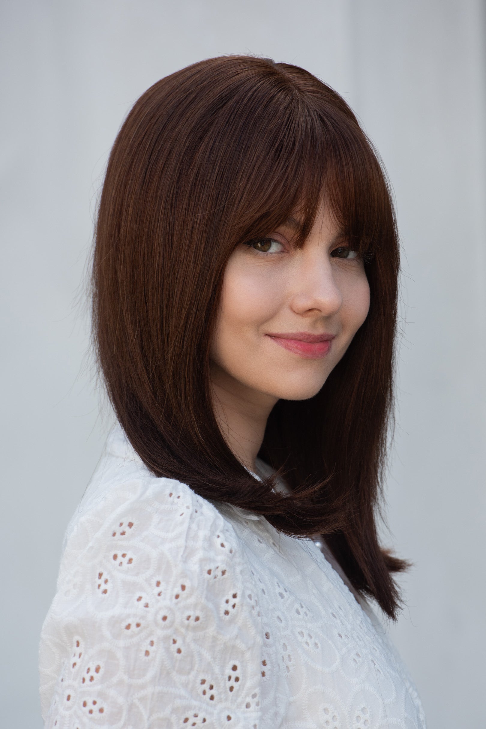 Straight Long Bob Cut Wig Natural Brown Brunette Wig with Bangs – Her ...