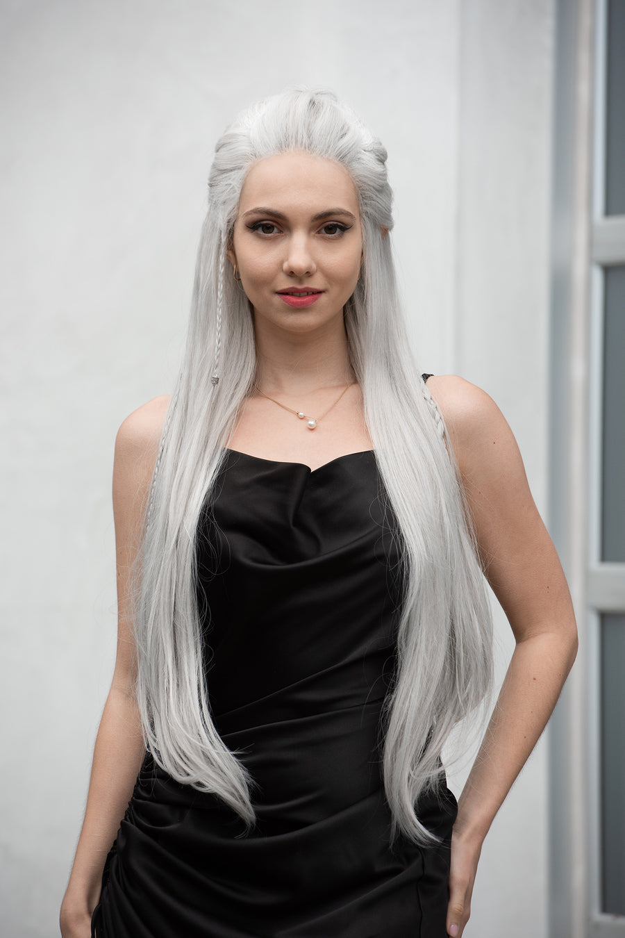 Pearl White Icy Silver Gray Straight Lace Top Synthetic Wig Odella ...