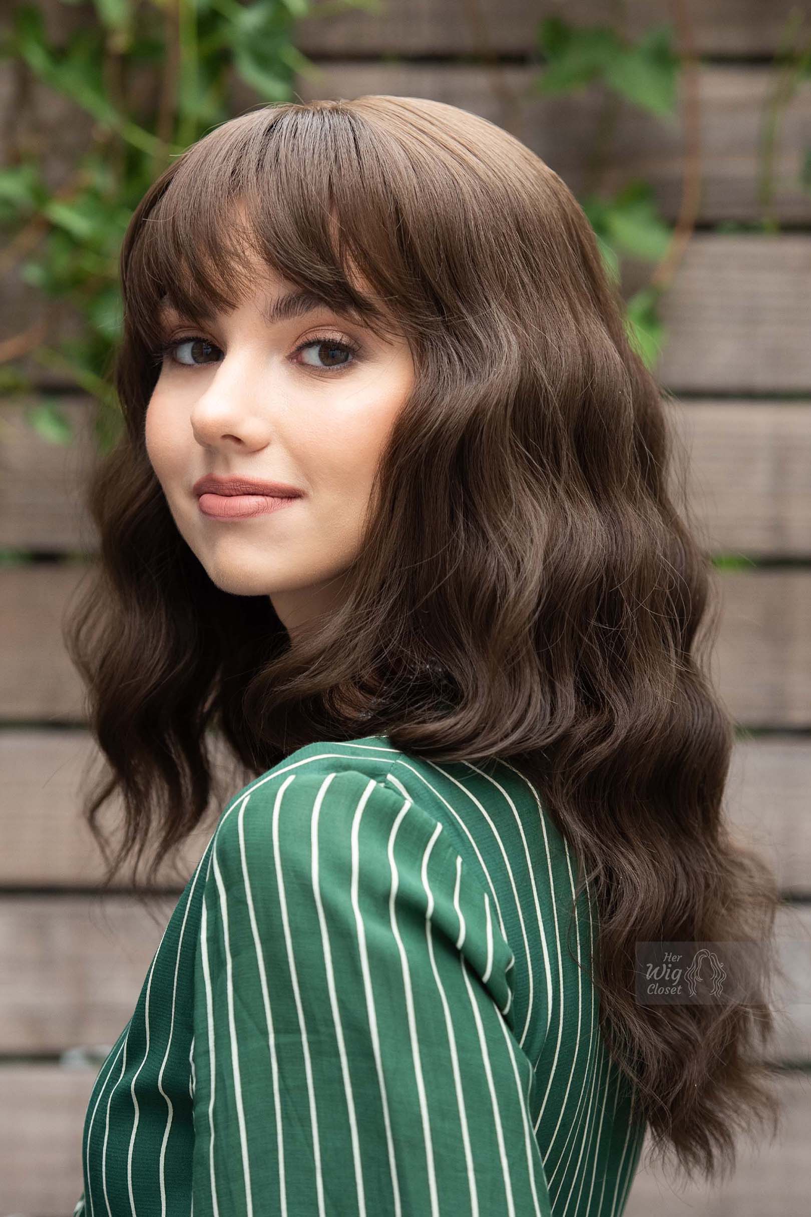 Brunette Dark Brown Wavy Synthetic Wig with Bangs Natalie – Her Wig Closet