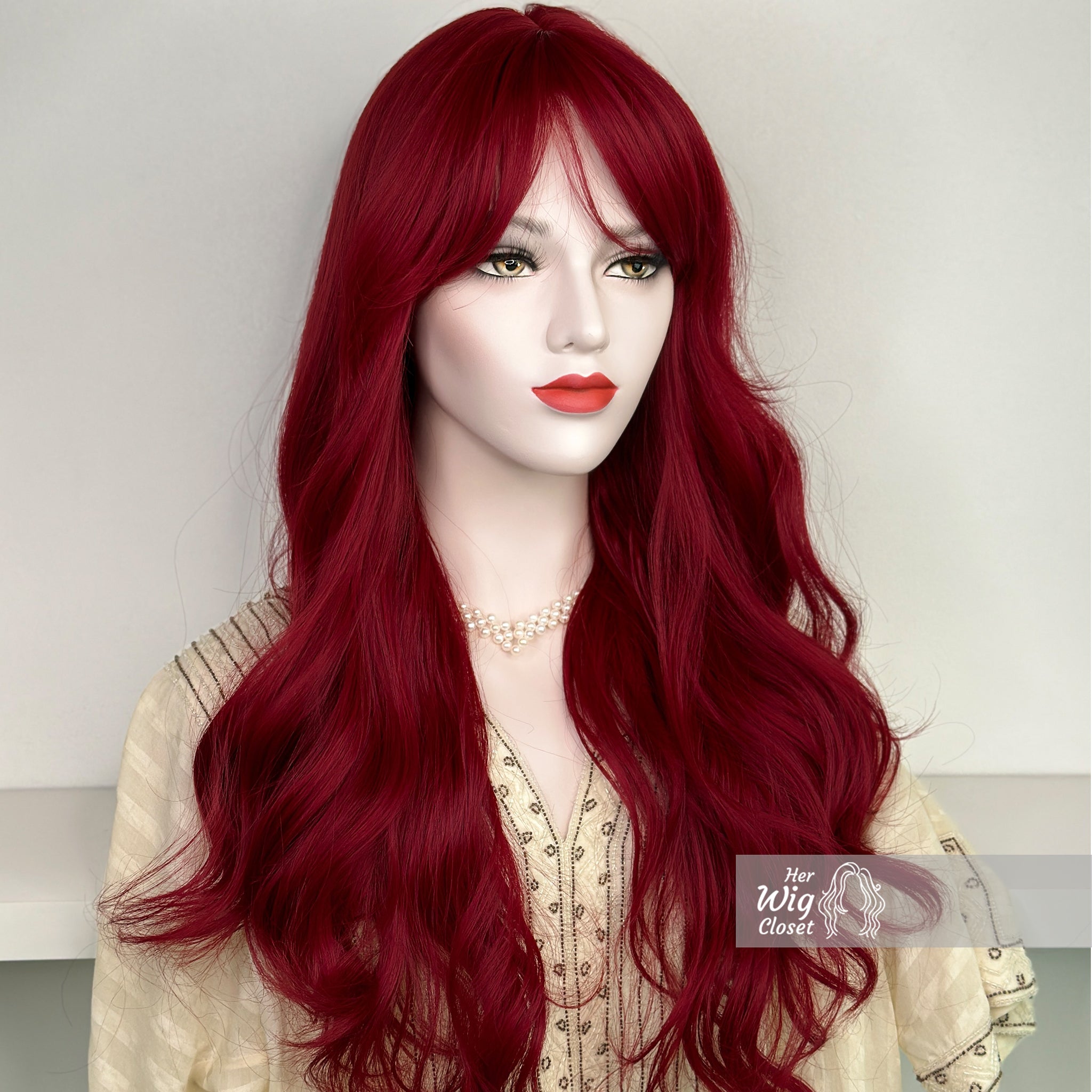 Red Wavy Synthetic Wig with Bangs Aria – Her Wig Closet